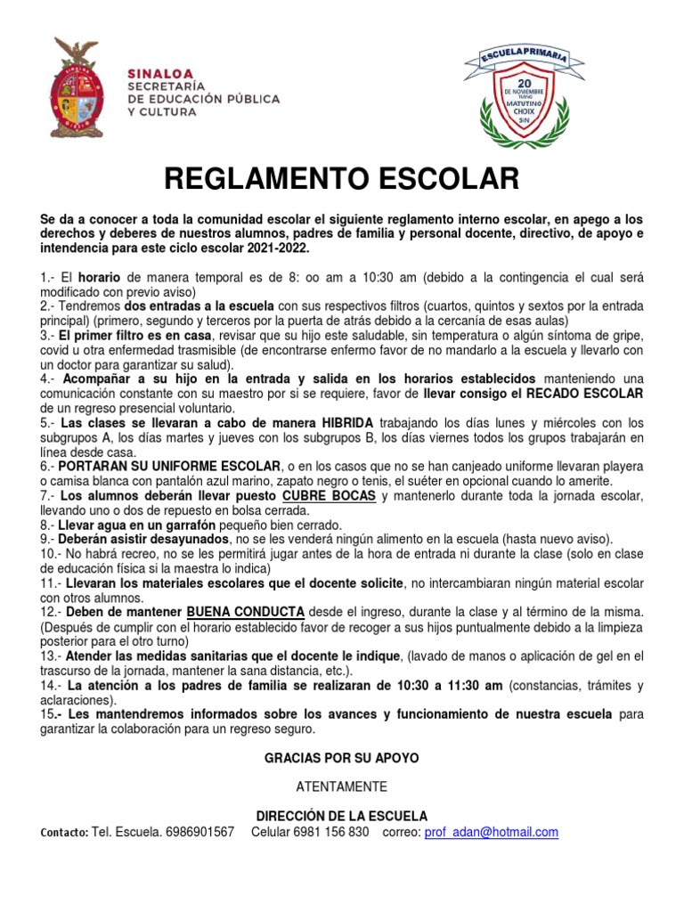 Reglamento Escolar | PDF