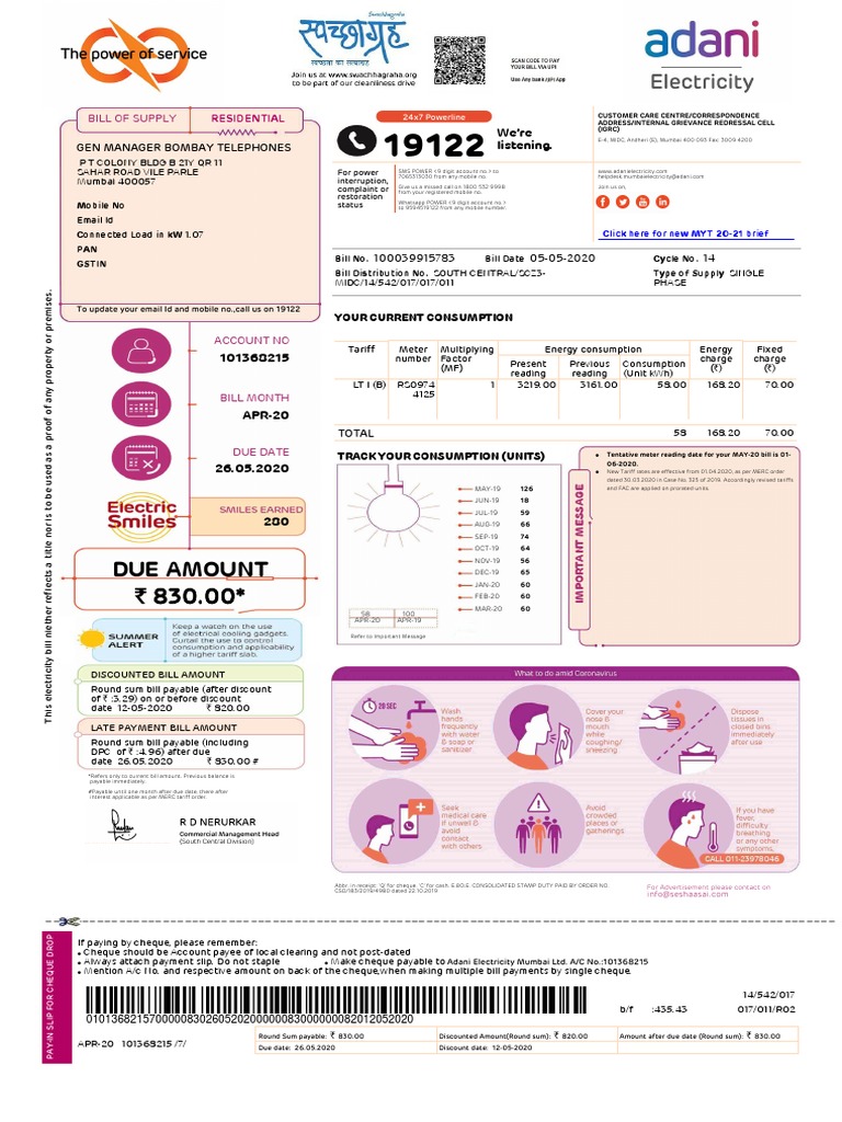Adani Electricity Bill Details and Payment | PDF | Cheque | Payments