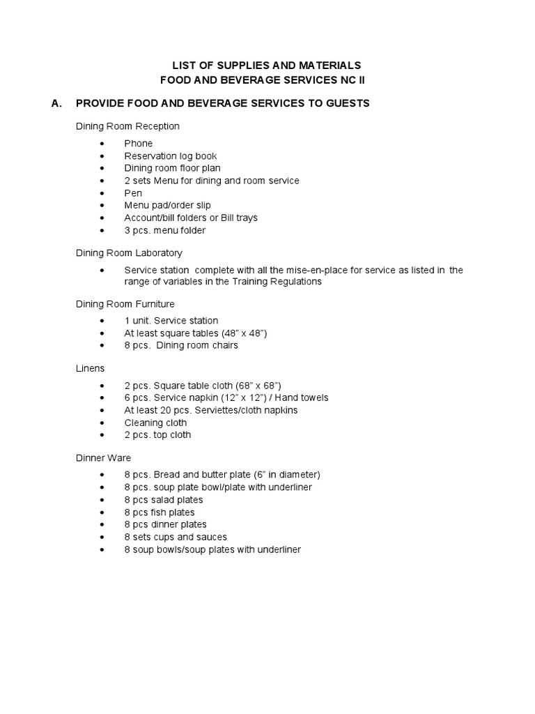 List of Supplies and Materials Food and Beverage Services NC Ii A ...