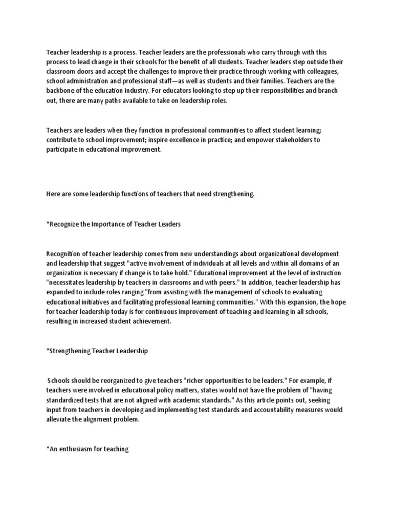 Enhancing Teacher Leadership Skills | PDF | Teachers | Leadership