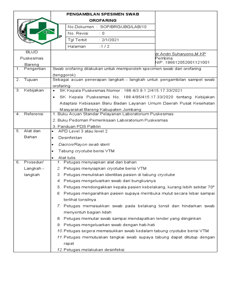 SOP Swab Orofaring | PDF