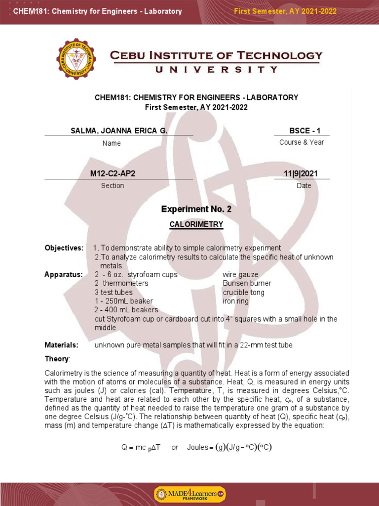 SALMA CHEM181.Experiment2.Calorimetry.v2 | PDF | Heat | Calorie