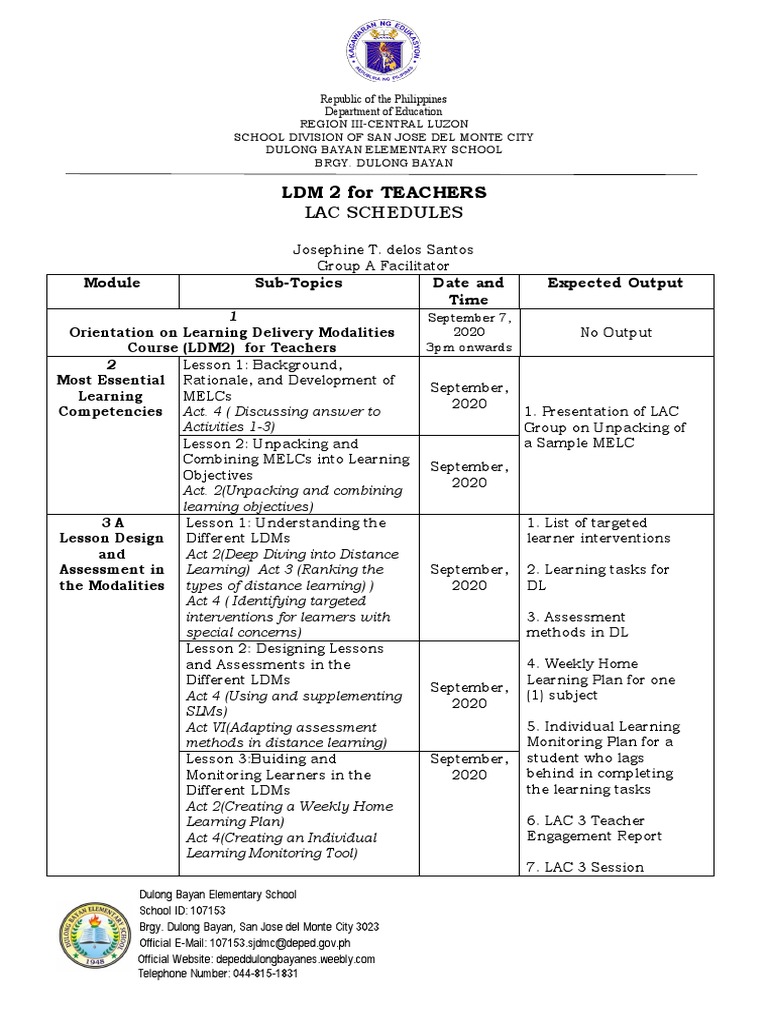 LDM 2 For Teachers: Lac Schedules | PDF | Learning | Communication