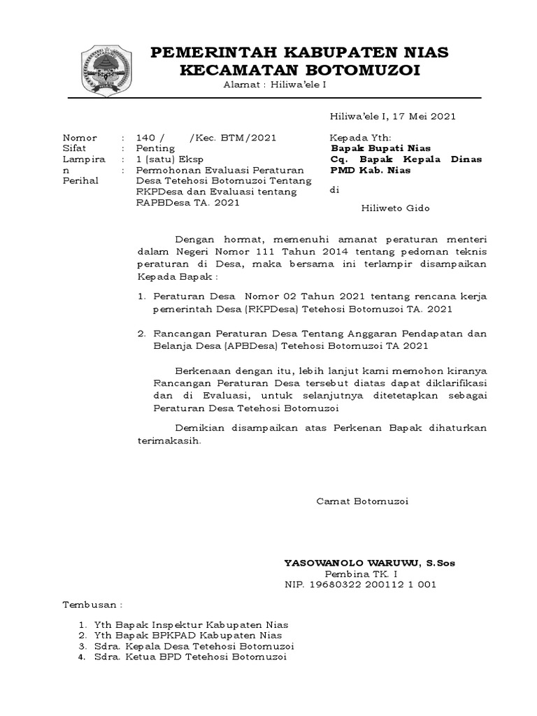 Surat Penyampaian RKPDes Kepada Camat | PDF