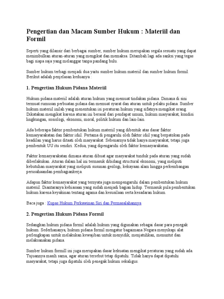 Pengertian Dan Macam Sumber Hukum Materiil Dan Formil | PDF