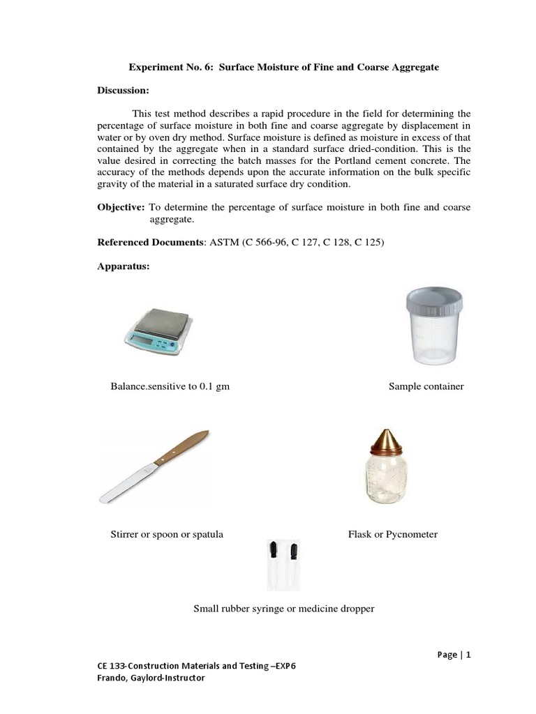 Experiment No. 6: Surface Moisture of Fine and Coarse Aggregate ...