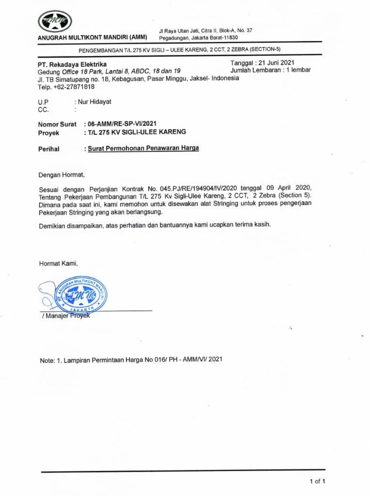 Surat Permohonan Sewa Alat Stringing 06-AMM-RE-SP-VI-2021 | PDF