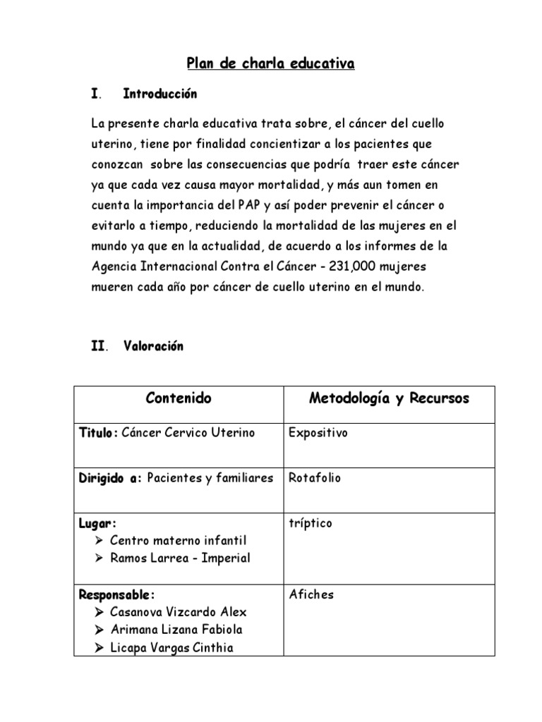Plan de Charla Educativa | PDF | Cáncer | Útero