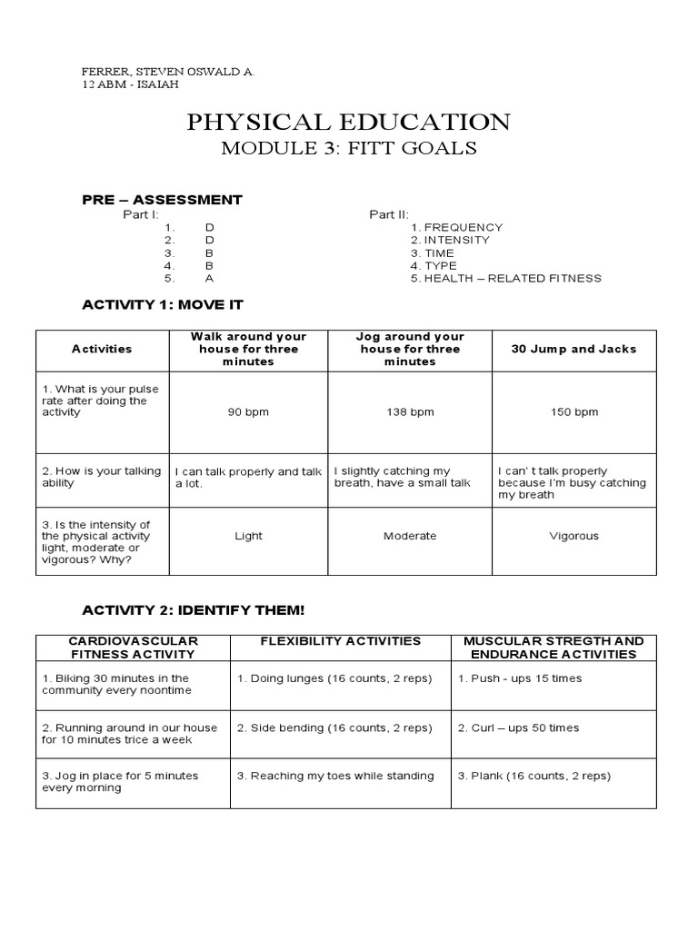 Physical Education: Module 3: Fitt Goals | PDF | Physical Fitness ...