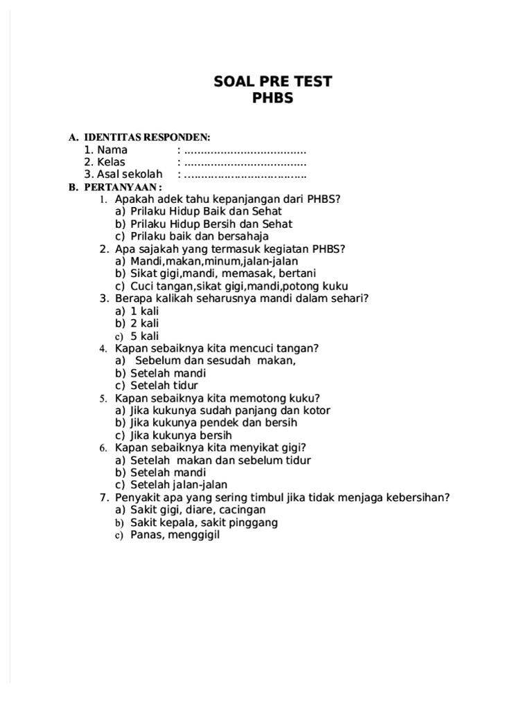 Soal Pre Test PHBS untuk Siswa | PDF