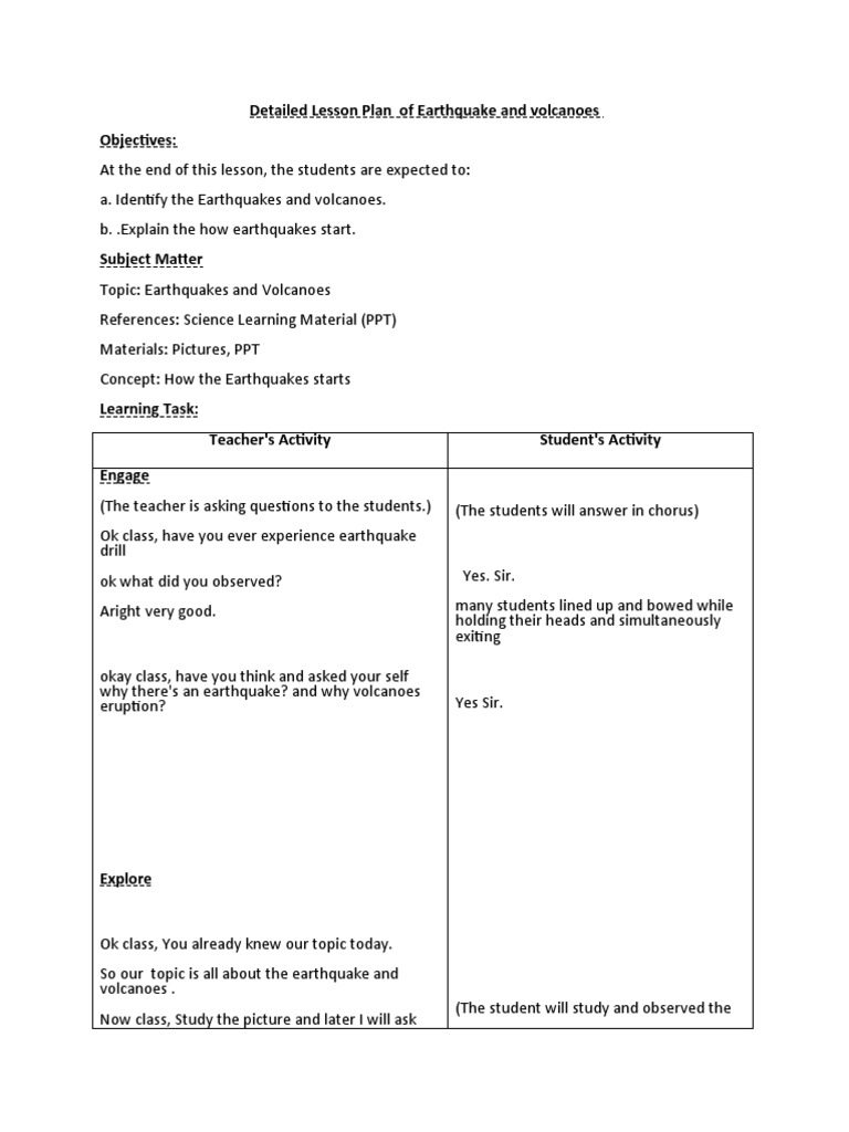 Detailed Lesson Plan of Earthquake and Volcanoes Objectives | PDF ...