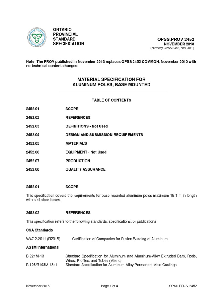 OPSS - PROV 2452 Nov18 | PDF | Specification (Technical Standard) | Screw