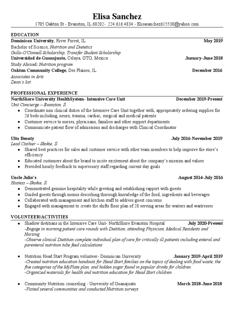 Elisa Sanchez Resume 2021 | Download Free PDF | Dietitian | Health Care