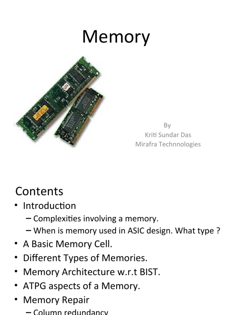 Memory: by Kriti Sundar Das Mirafra Technnologies | PDF | Computer Memory | Dynamic Random ...