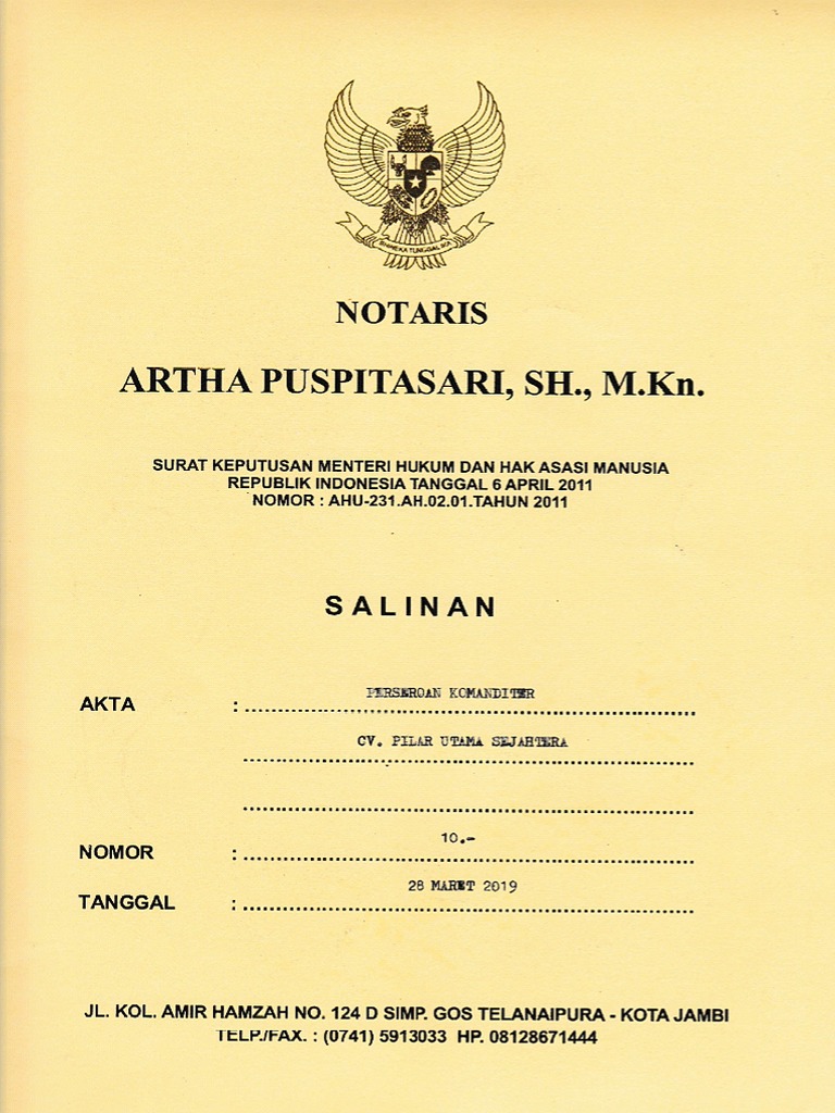 1 Akta CV Pilar Utama Sejahtera Ukuran Kecil | PDF