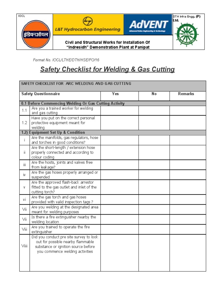Gas Cutting and Welding Safety Checklist | PDF | Industrial Processes ...