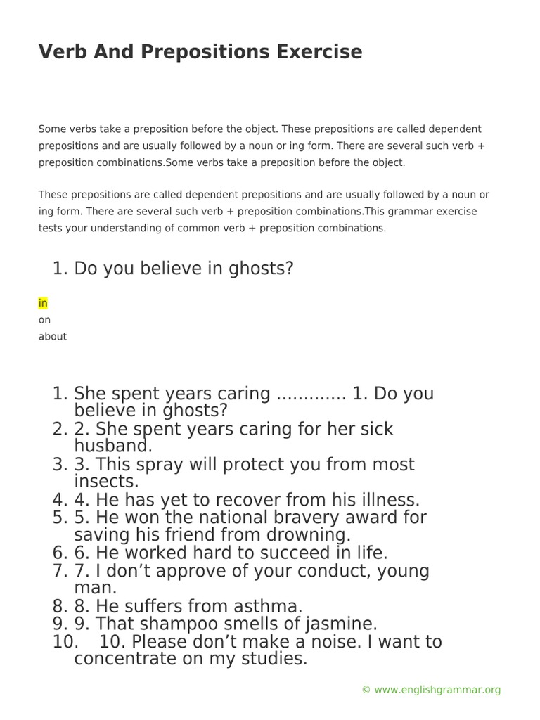 Verb and Prepositions | PDF | Preposition And Postposition | Object (Grammar)