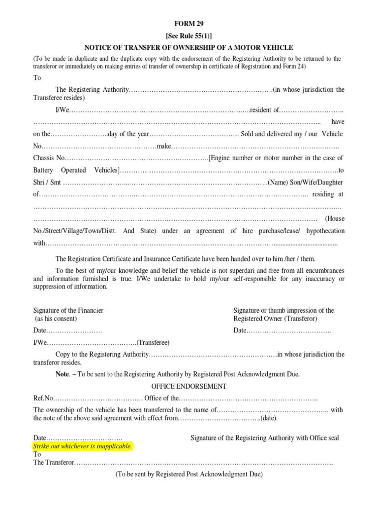 Form 29 (See Rule 55 (1) ) Notice of Transfer of Ownership of A Motor ...