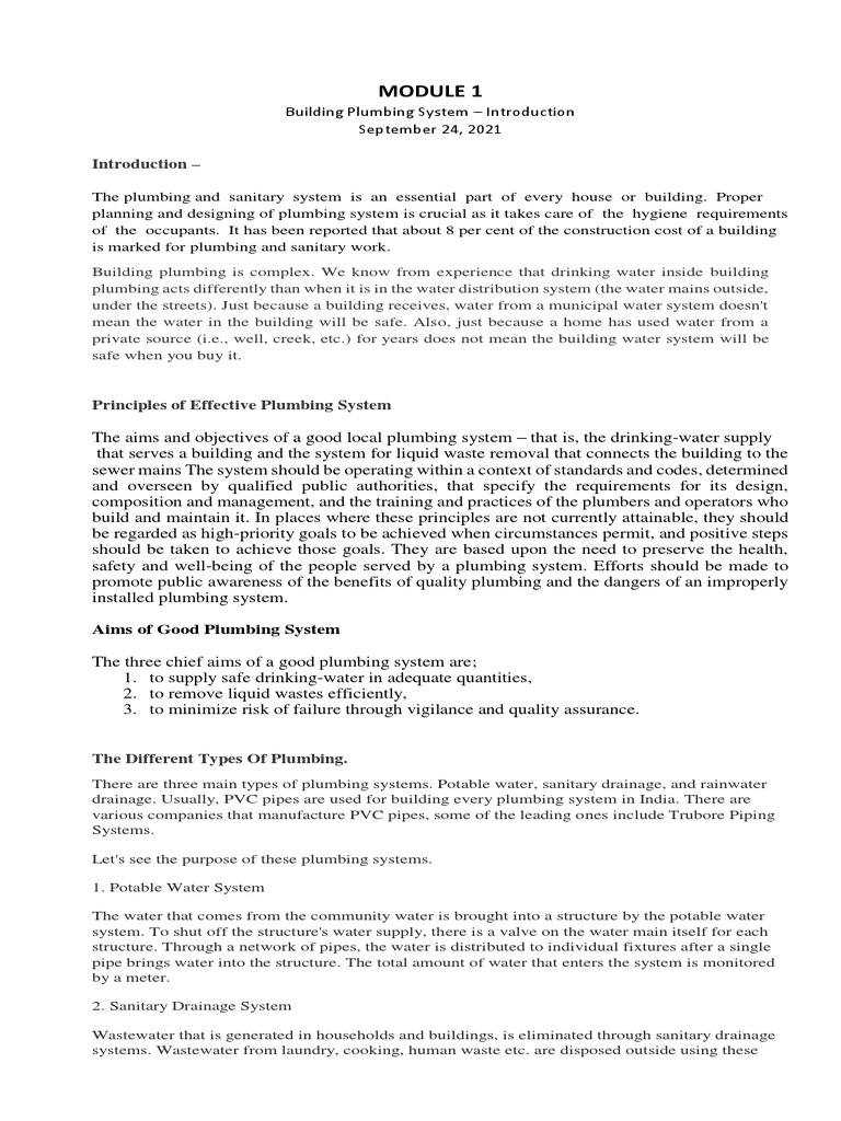 Module 1 - Building Plumbing System - Introduction | PDF | Plumbing ...