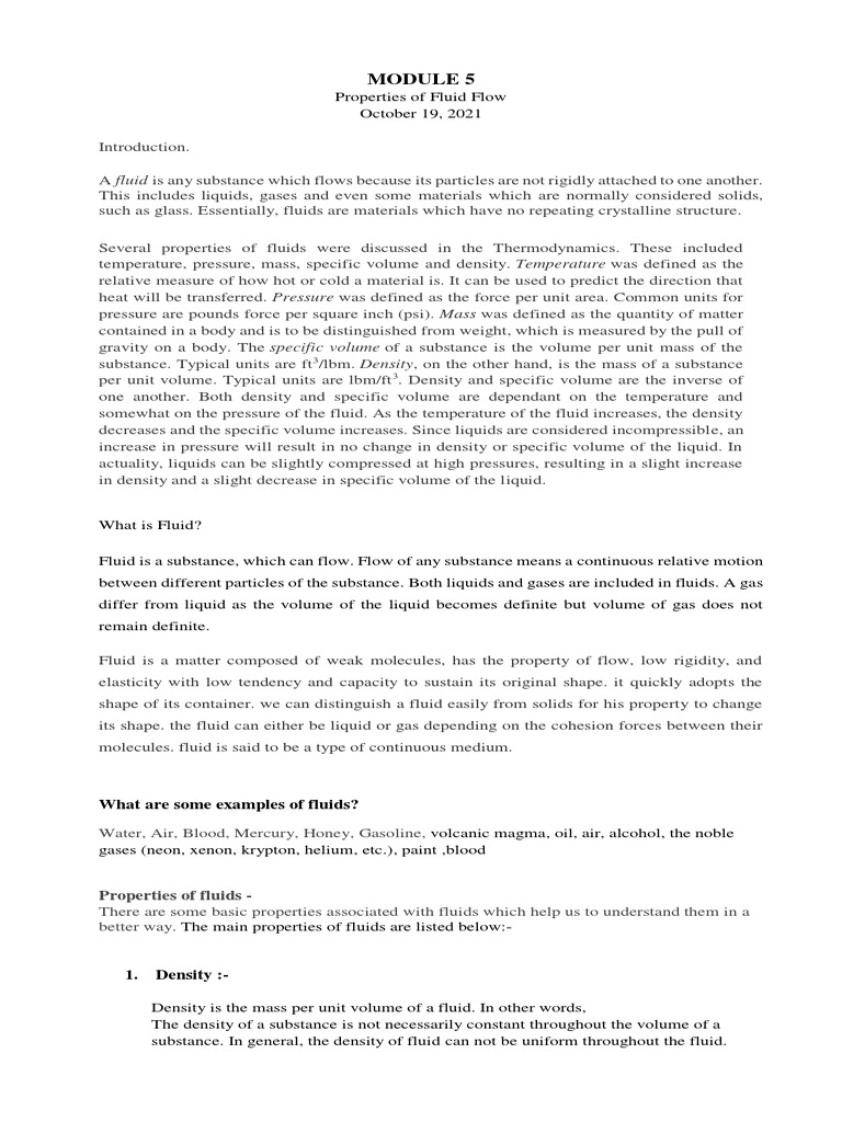 Module 5 - Properties of Fluid Flow | PDF | Viscosity | Density