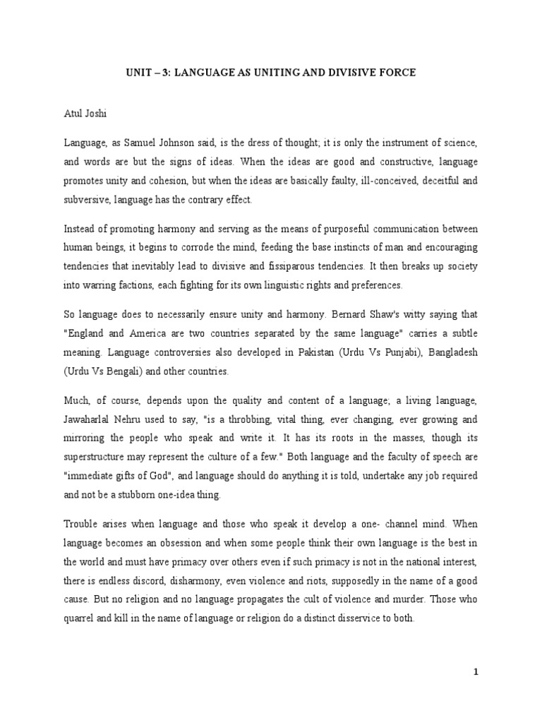 Unit - 3: Language As Uniting and Divisive Force | PDF