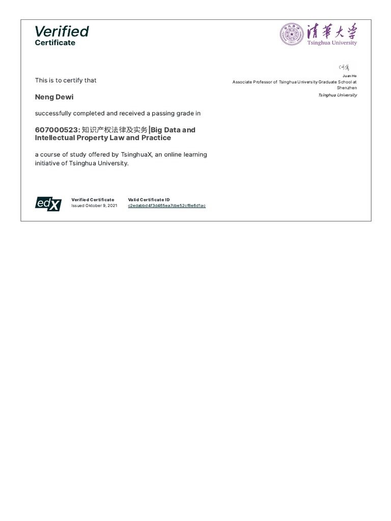 NENG DEWI TsinghuaX 607000523 Sertifikat - EdX | PDF