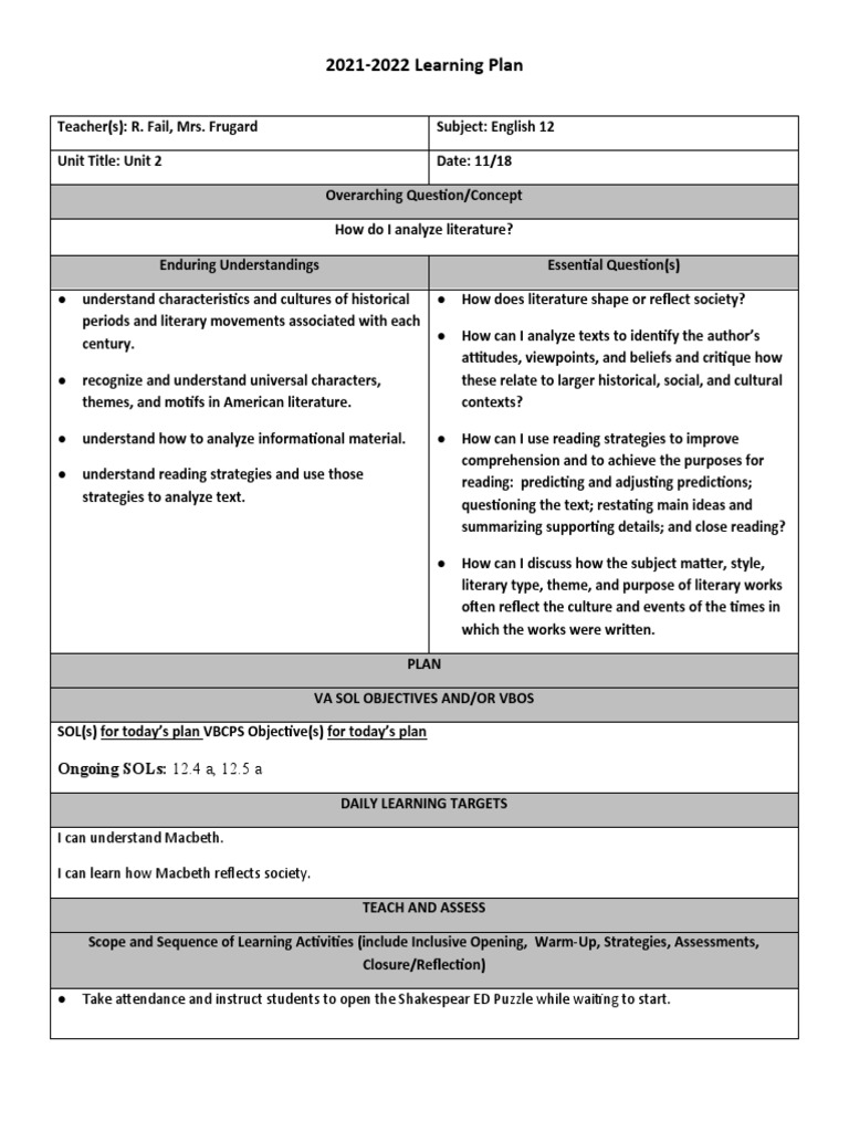 English 12 Unit 2 Learning Plan: Macbeth | PDF | Macbeth