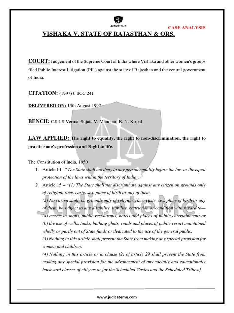 Legal Milestone: Vishaka Guidelines | PDF | Sexual Harassment | Ethical ...