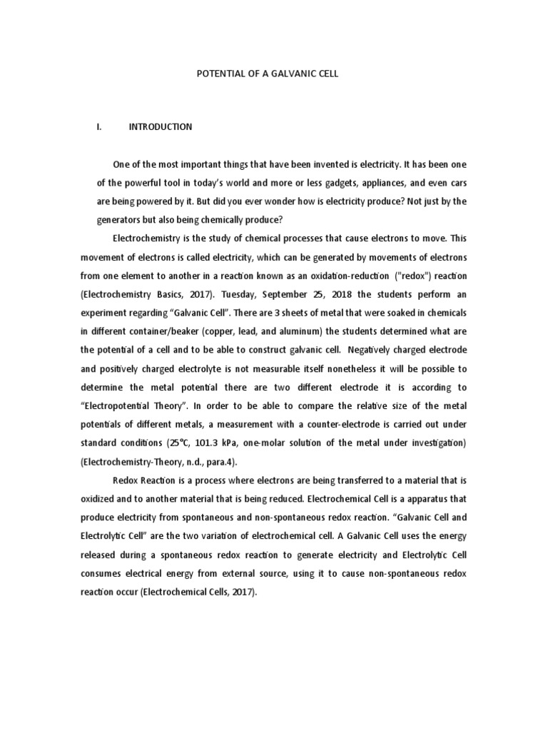 GALVANIC CELL POTENTIALS | PDF | Electrochemistry | Redox