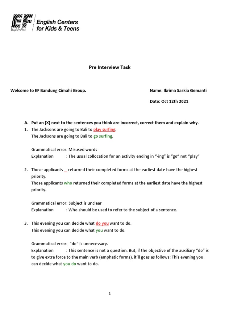 Pre Interview Task (Untuk Teacher) | PDF | Verb | Grammatical Tense