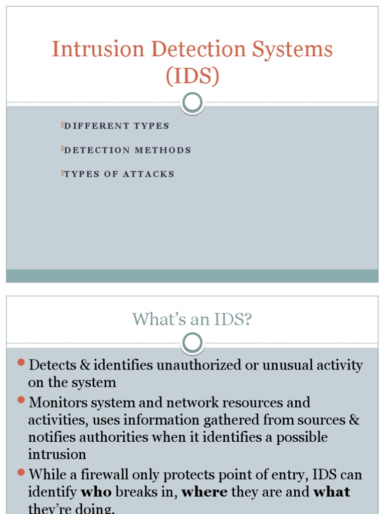 Intrusion Detection Systems (IDS) : Different Types Detection Methods Types of Attacks | PDF ...