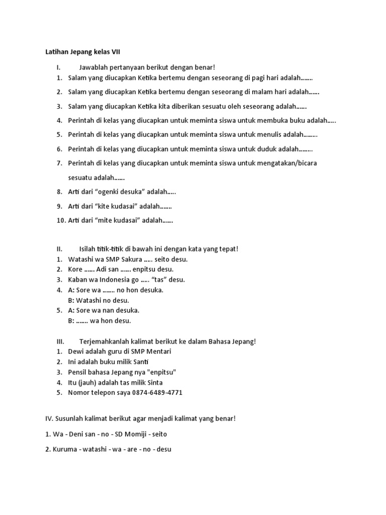 Latihan Soal Bahasa Jepang Kelas VII | PDF