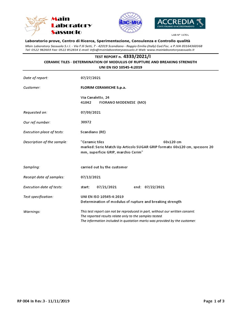 Test Report N. Ceramic Tiles - Determination of Modulus of Rupture and ...