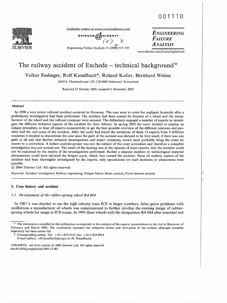 Esslinger-2004-The Railway Accident of Eschede-Published Version | PDF | Fracture | Stress ...