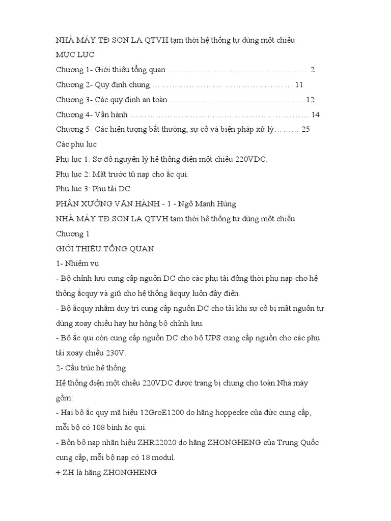NHÀ MÁY TĐ SƠN LA QTVH tạm thời hệ thống tự dùng một chiều | PDF