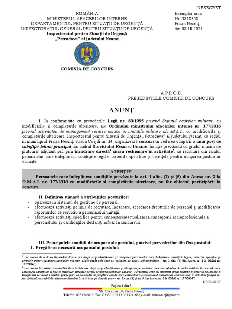 Anunt Concurs Subofiter Tehnic Principal SRU | PDF