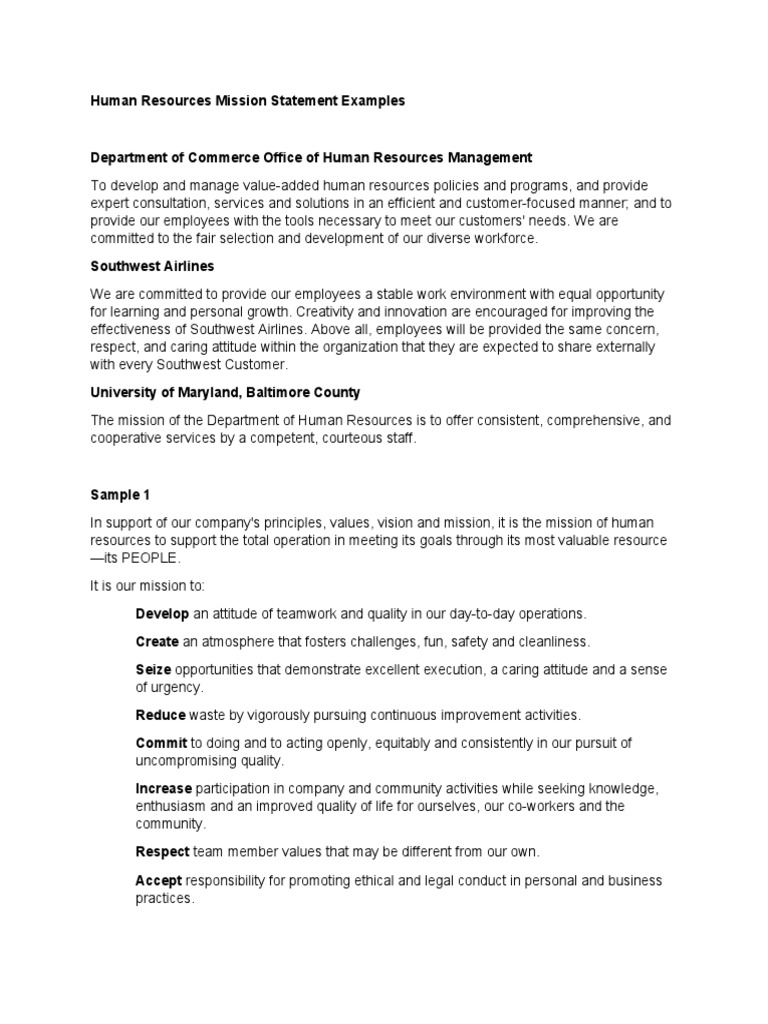 Human Resources Mission Statement Examples | PDF | Human Resources ...