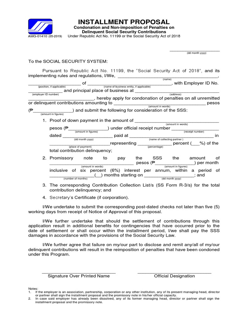 Installment Proposal for Condonation and Non-Imposition of Penalties on Delinquent Social ...