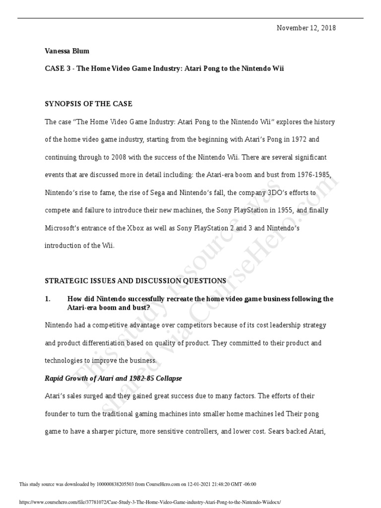 Case Study 3 The Home Video Game Industry Atari Pong To The Nintendo ...
