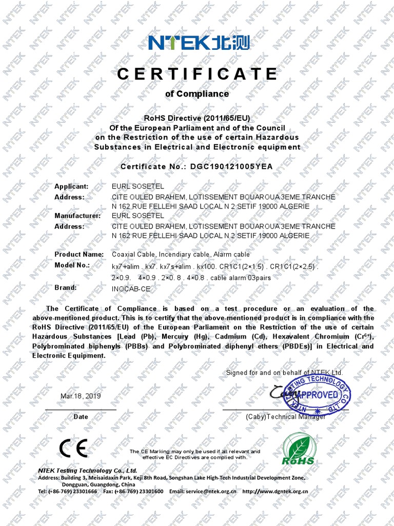 CABLE CE Certificat | PDF | Occupational Safety And Health | Pollution
