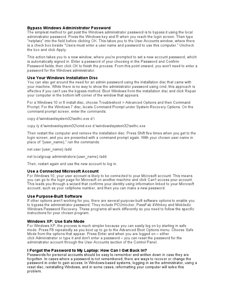 Bypass Windows Administrator Password | PDF | Password | Login