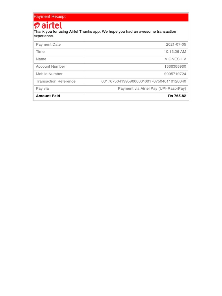 Payment Receipt: Thank You For Using Airtel Thanks App. We Hope You Had An Awesome Transaction ...