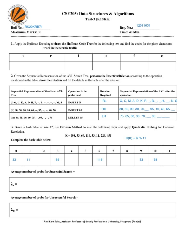 CSE205: Data Structures & Algorithms: Test-3 (K18KK) | PDF ...
