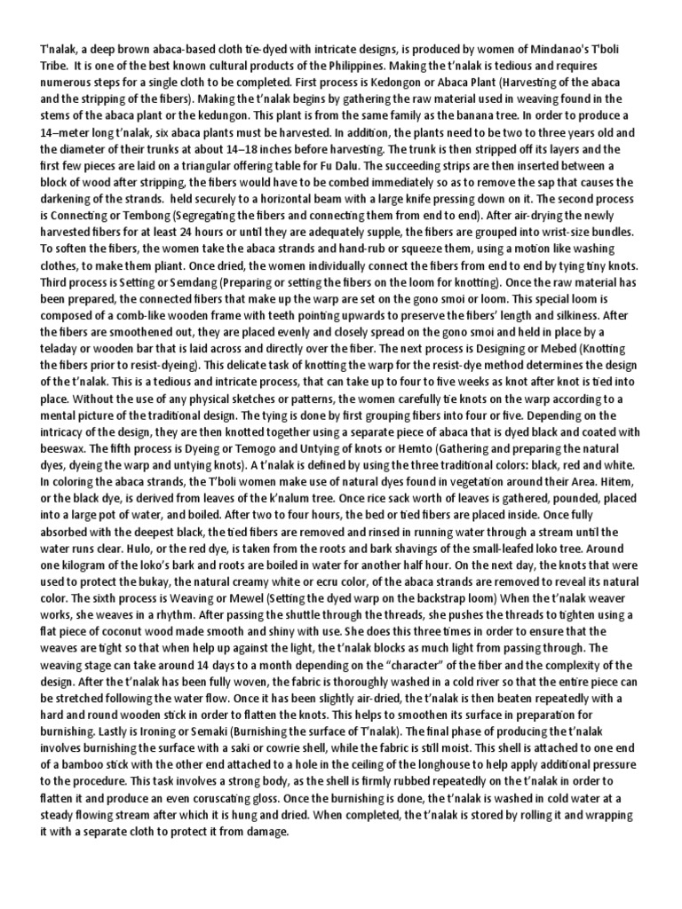 Essay (T'Nalak Cloth) | PDF | Weaving | Dye