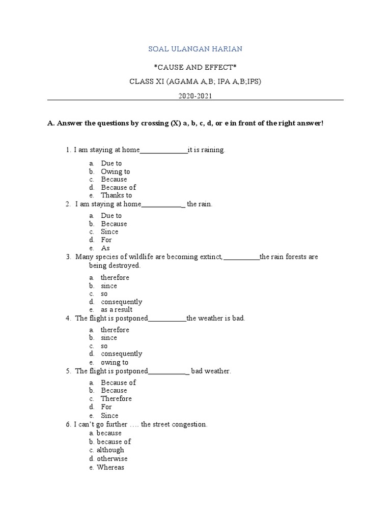 A. Answer The Questions by Crossing (X) A, B, C, D, or e in Front of ...