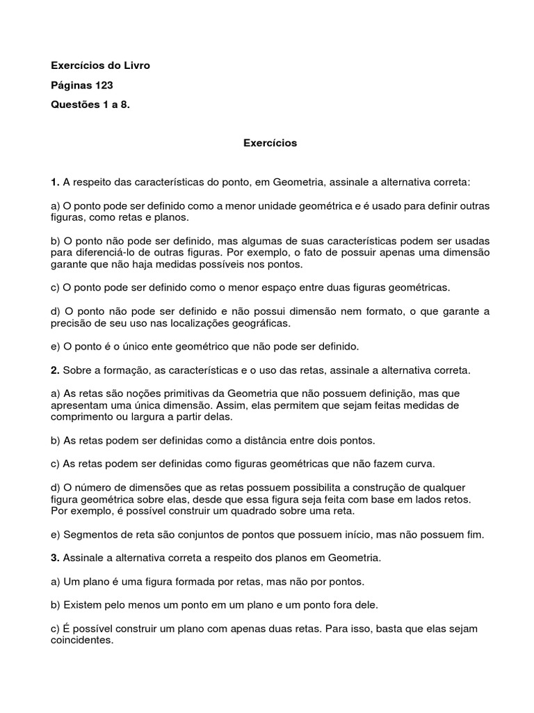 Exercícios 1 - Ponto, Reta e Plano.pdf | PDF | Linha (Geometria) | Geometria Euclidiana