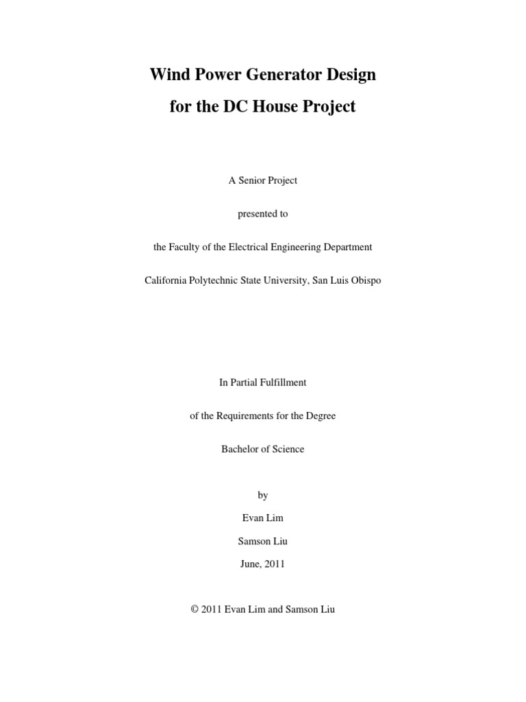 Wind Power Generator Design For The DC House Project | PDF | Electric ...