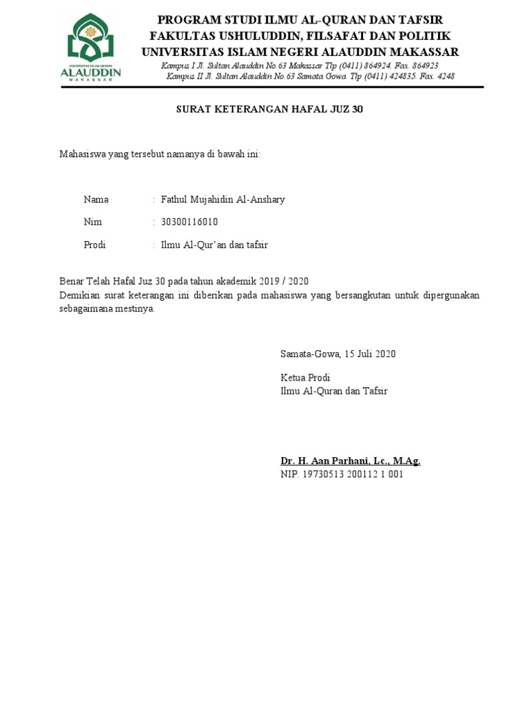SURAT Keterangan Hafal Juz 30-1 | PDF