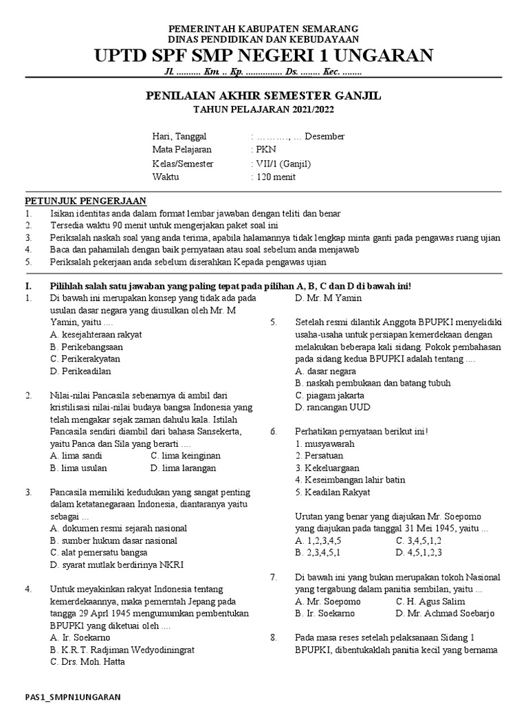Soal PAS PKN Kelas VII Semester 1 | PDF