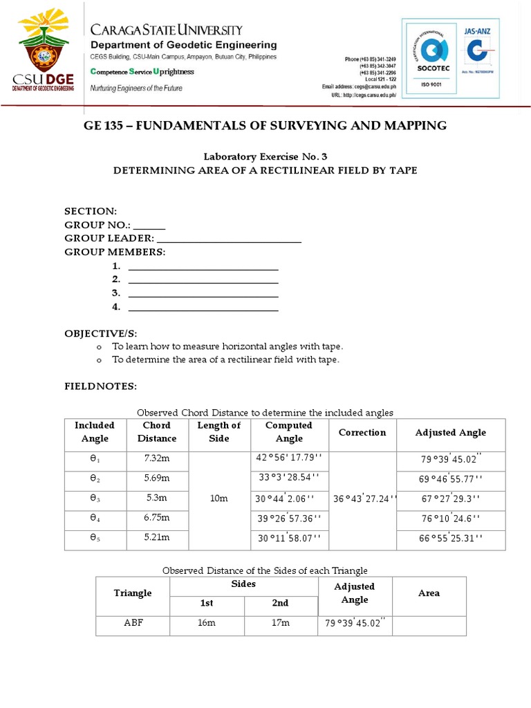 Ge 135 - Fundamentals of Surveying and Mapping | PDF | Angle | Triangle